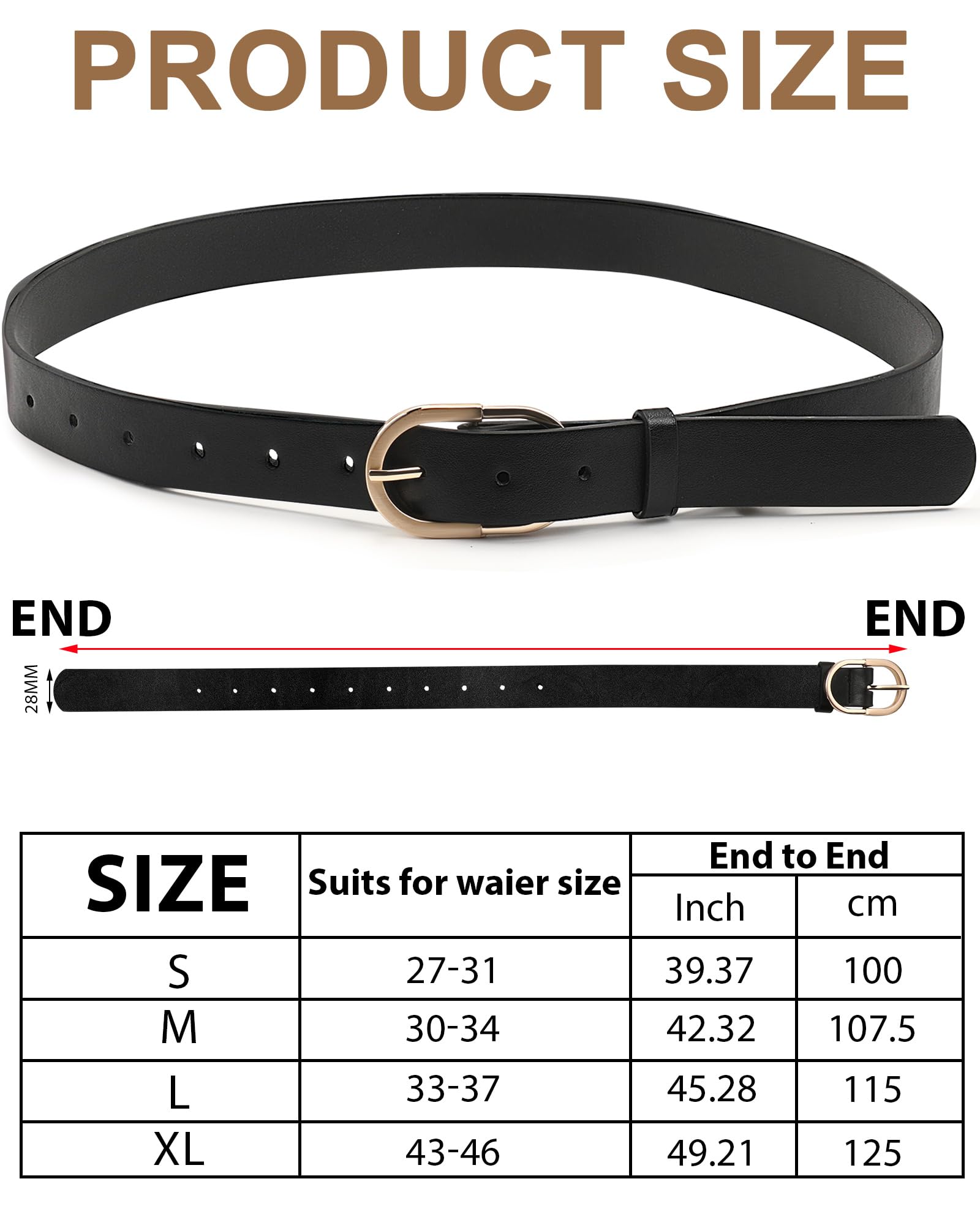 Breathffy 5 Pcs Women's Leather Belts for Jeans Dresses Pants Ladies Belt Bulk with Gold Buckle (White, Black, Camel, Khaki, Apricot,M: Fit Waist Size 31-36 Inches)