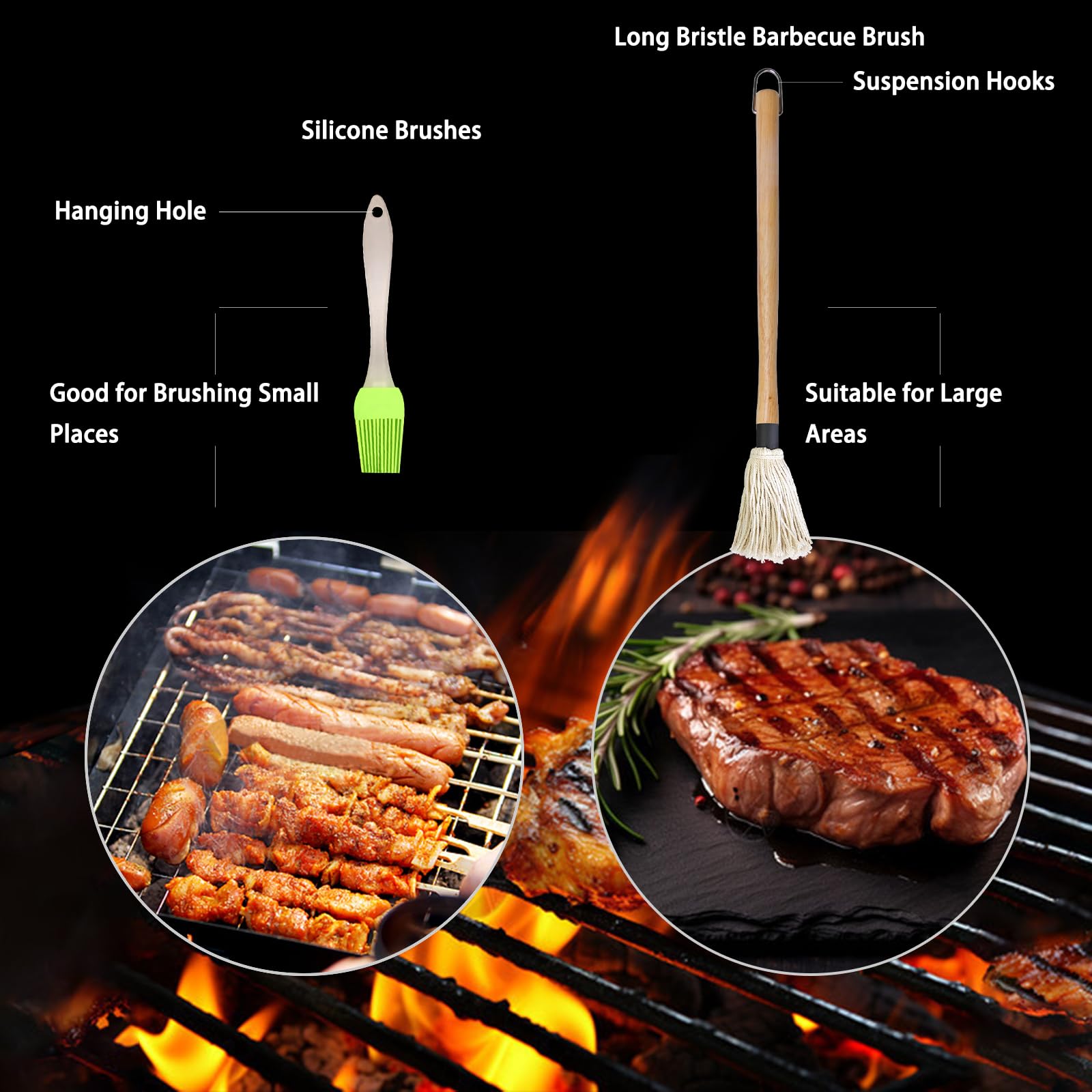 BBQ Mop Brush and Cast Iron Sauce Pot Set, 11-in-1 Value Pack includes 2Pcs Wooden Long Handle, 6 Brush Heads, 1 Cast iron BBQ Pan and 2 Silicone Brushes for Grilling all Types of Ingredients