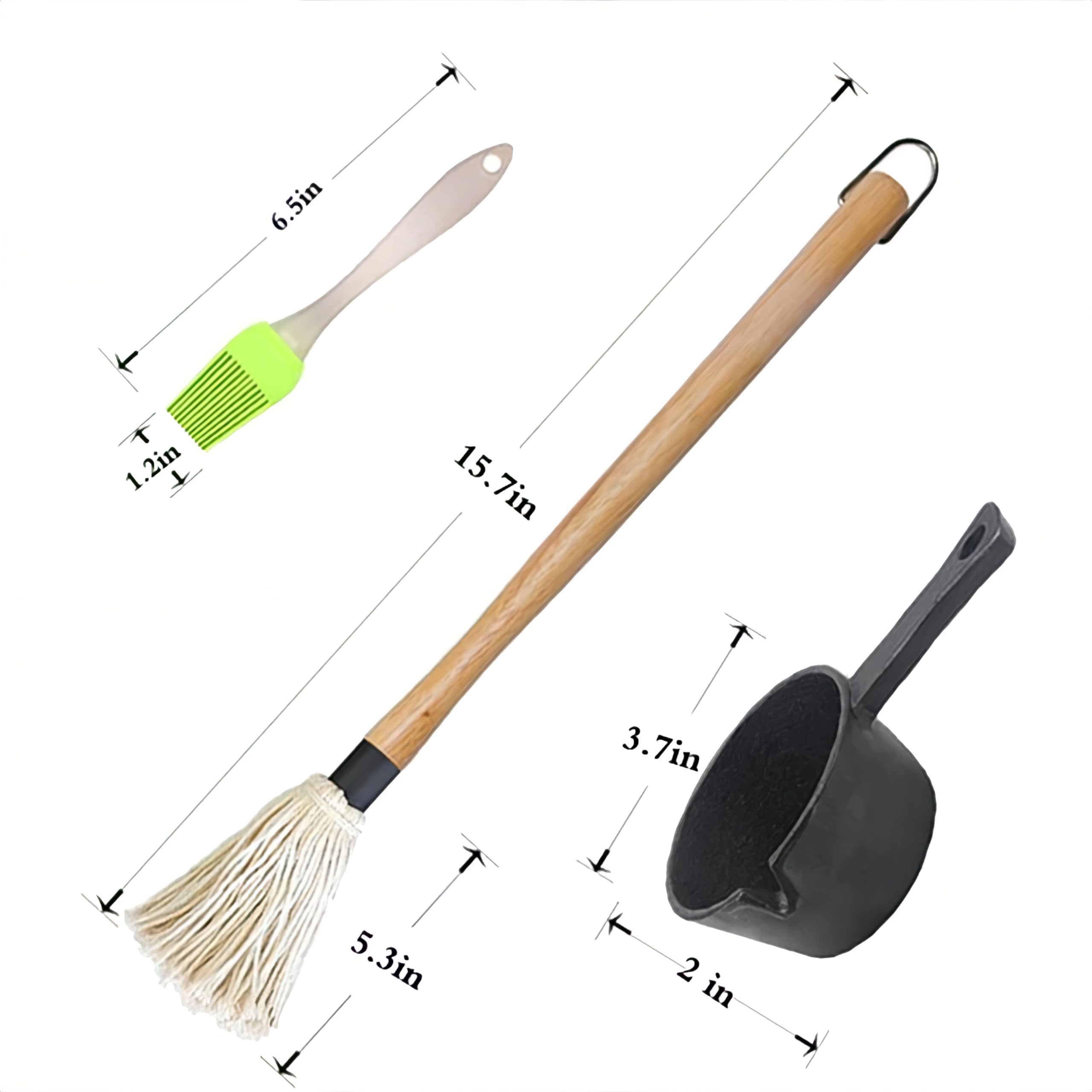 BBQ Mop Brush and Cast Iron Sauce Pot Set, 11-in-1 Value Pack includes 2Pcs Wooden Long Handle, 6 Brush Heads, 1 Cast iron BBQ Pan and 2 Silicone Brushes for Grilling all Types of Ingredients