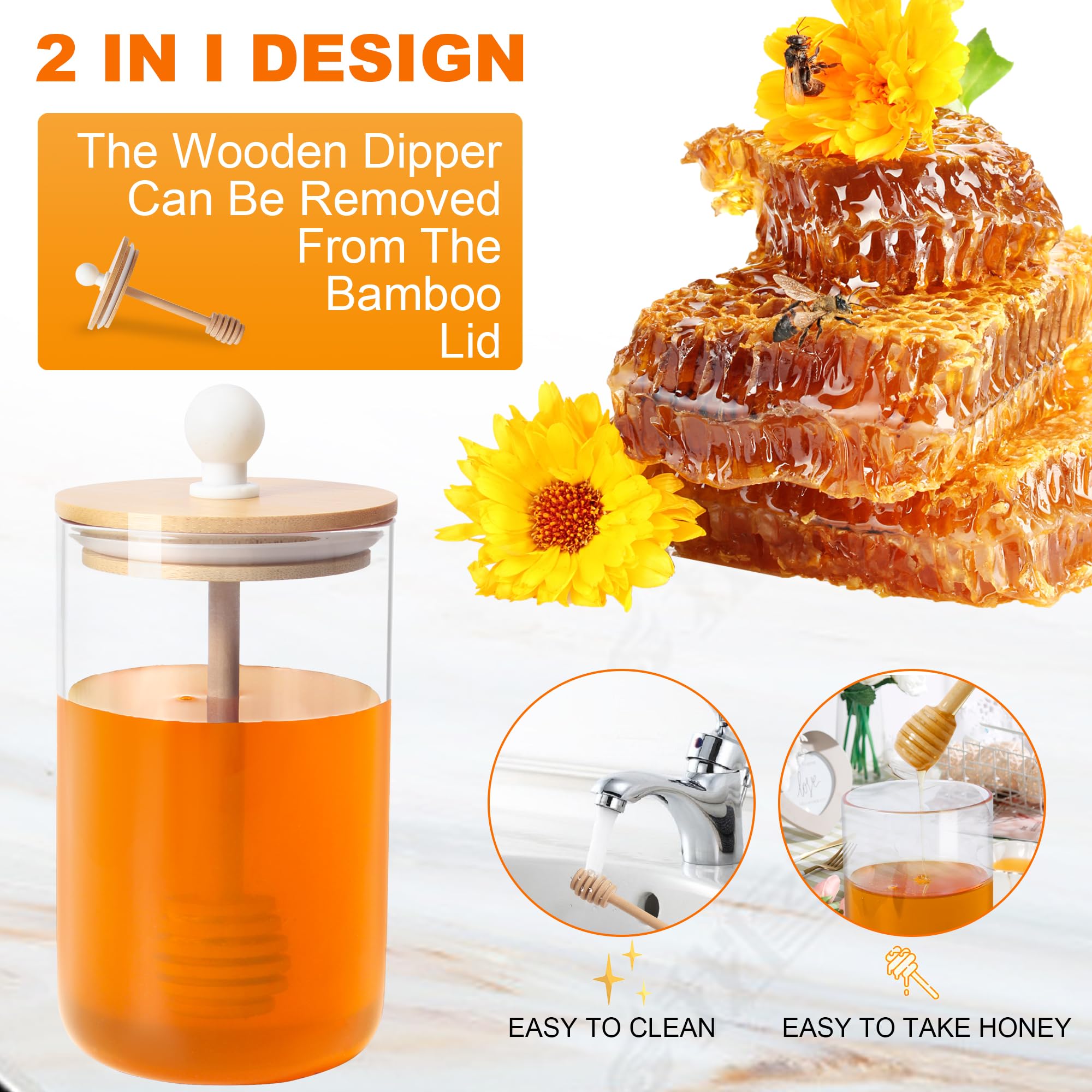 GIVAMEIHF 12oz Glass Honey Jar with Dipper,Honey Container with Wooden Honey Dipper,Honey Jars with Lids,Honey Pot,Honey Dispenser Ideal for Honey and Syrup