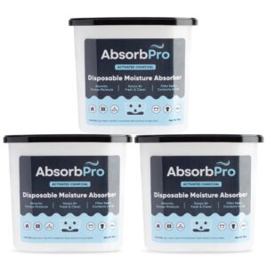 absorb pro - moisture absorber tub with activated charcoal - 3-pack - 18 oz disposable odor eliminator box & dehumidifier for garage, home, kitchen, bedroom, bathroom, closet, cars, and boats