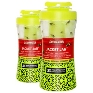 catchmaster yellow jacket, hornet, & wasp trap jar 2-pk, reusable bug catcher with attractant, outdoor flying insect trap, wasp killer bug trap, pet safe pest control for backyard, patio, & shed