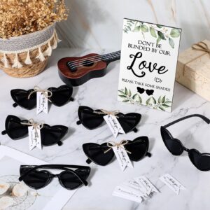 Saysurey 50 Sets Wedding Favors for Guests Sunglasses Wedding Party Gifts Wooden Love Wedding Sign 50 Black Heart Glasses Mr & Mrs Sunglasses with 50 Thank You Cards and Hemp Rope