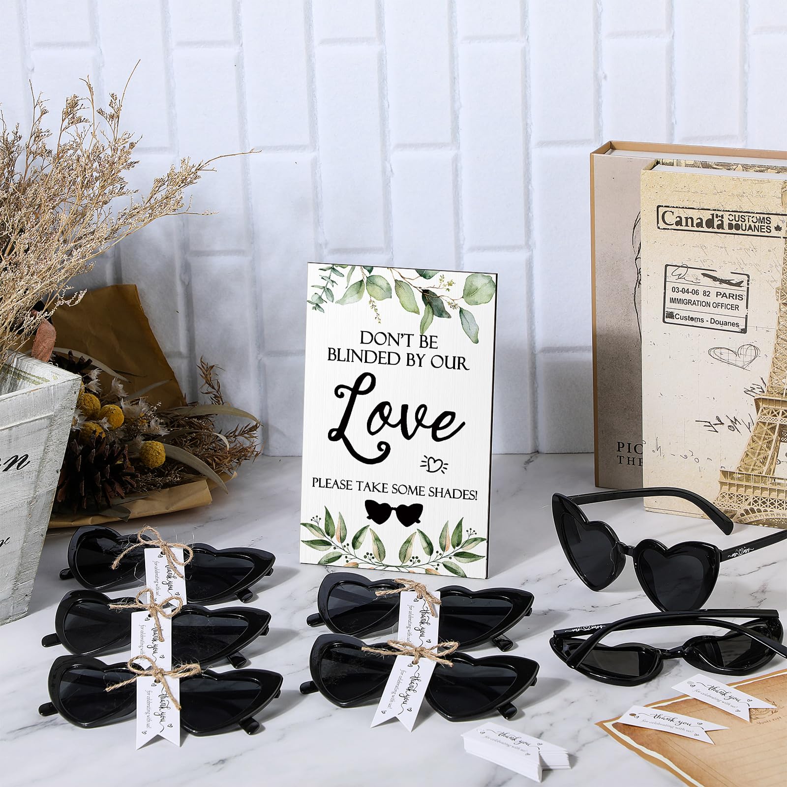 Saysurey 50 Sets Wedding Favors for Guests Sunglasses Wedding Party Gifts Wooden Love Wedding Sign 50 Black Heart Glasses Mr & Mrs Sunglasses with 50 Thank You Cards and Hemp Rope