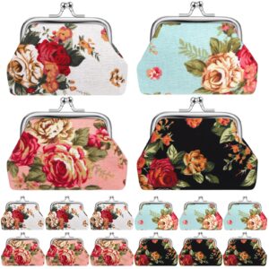 siltriangle 16 pcs canvas floral buckle coin purses vintage kiss lock change purses bulk rose flower wallet for women(4 x 3 inch)