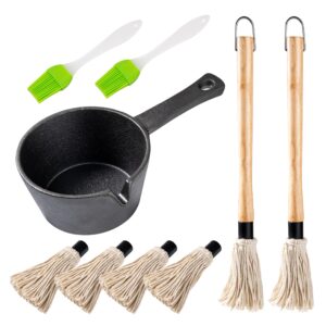 bbq mop brush and cast iron sauce pot set, 11-in-1 value pack includes 2pcs wooden long handle, 6 brush heads, 1 cast iron bbq pan and 2 silicone brushes for grilling all types of ingredients