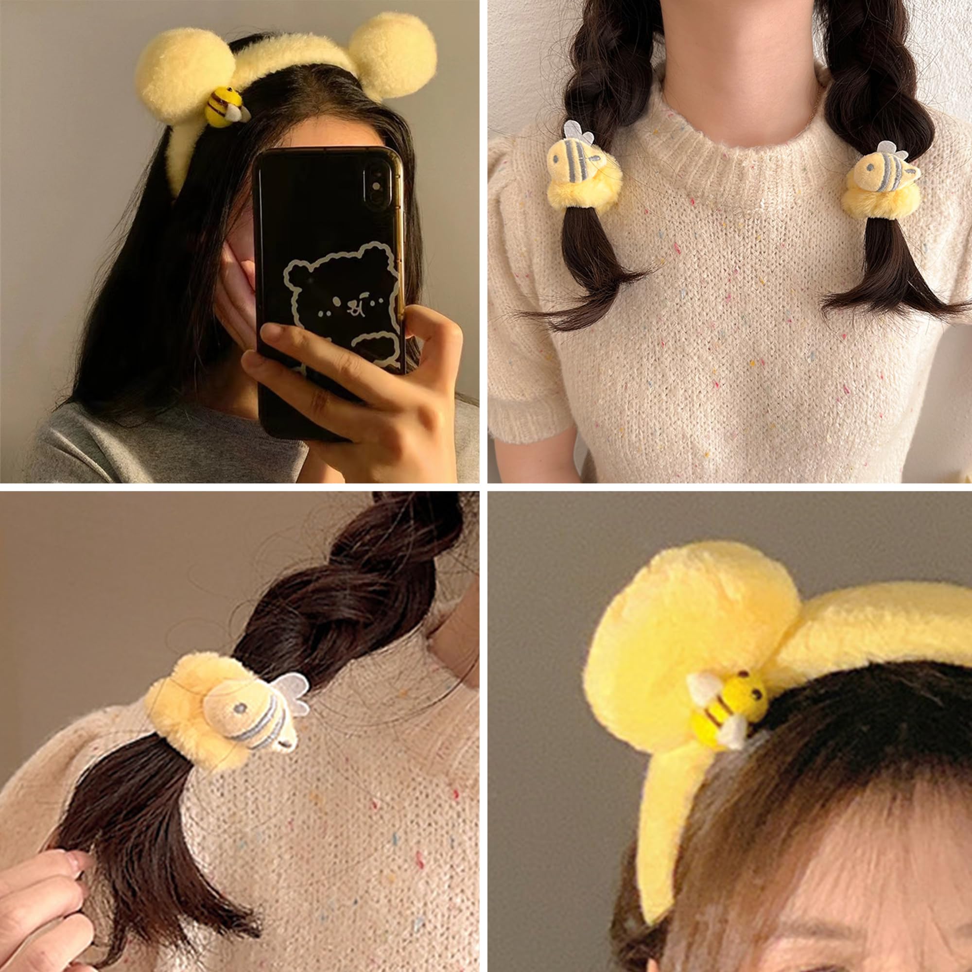 Yellow Plush Winnie the Pooh-Style Fashion Bear Ears Headband with Hair Ties and Ponytail Holders - Cute Costume Accessories for Kids and Women