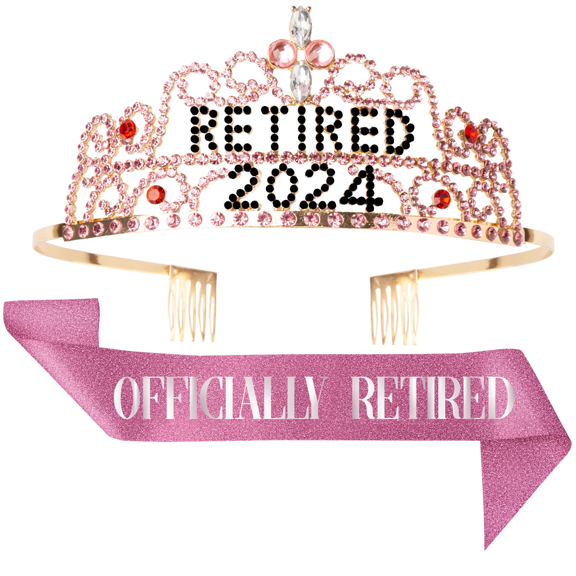 2024 Retirement Tiara & Sash - Officially Retired Sash & Crown for Parties, Events, Gifts, Favors, and Decorations (Pink)