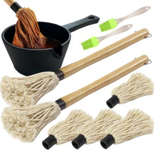 BBQ Mop Brush and Cast Iron Sauce Pot Set, 11-in-1 Value Pack includes 2Pcs Wooden Long Handle, 6 Brush Heads, 1 Cast iron BBQ Pan and 2 Silicone Brushes for Grilling all Types of Ingredients