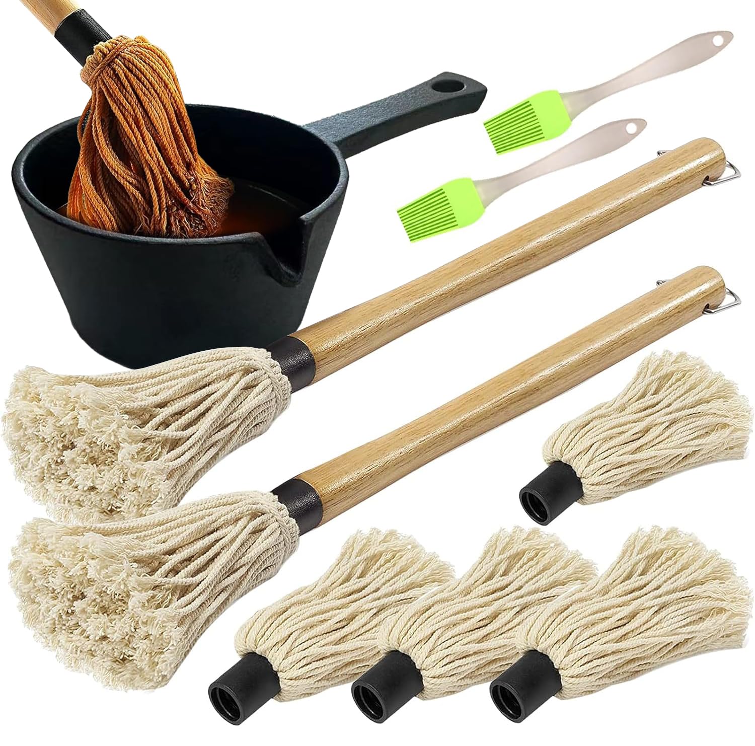 BBQ Mop Brush and Cast Iron Sauce Pot Set, 11-in-1 Value Pack includes 2Pcs Wooden Long Handle, 6 Brush Heads, 1 Cast iron BBQ Pan and 2 Silicone Brushes for Grilling all Types of Ingredients