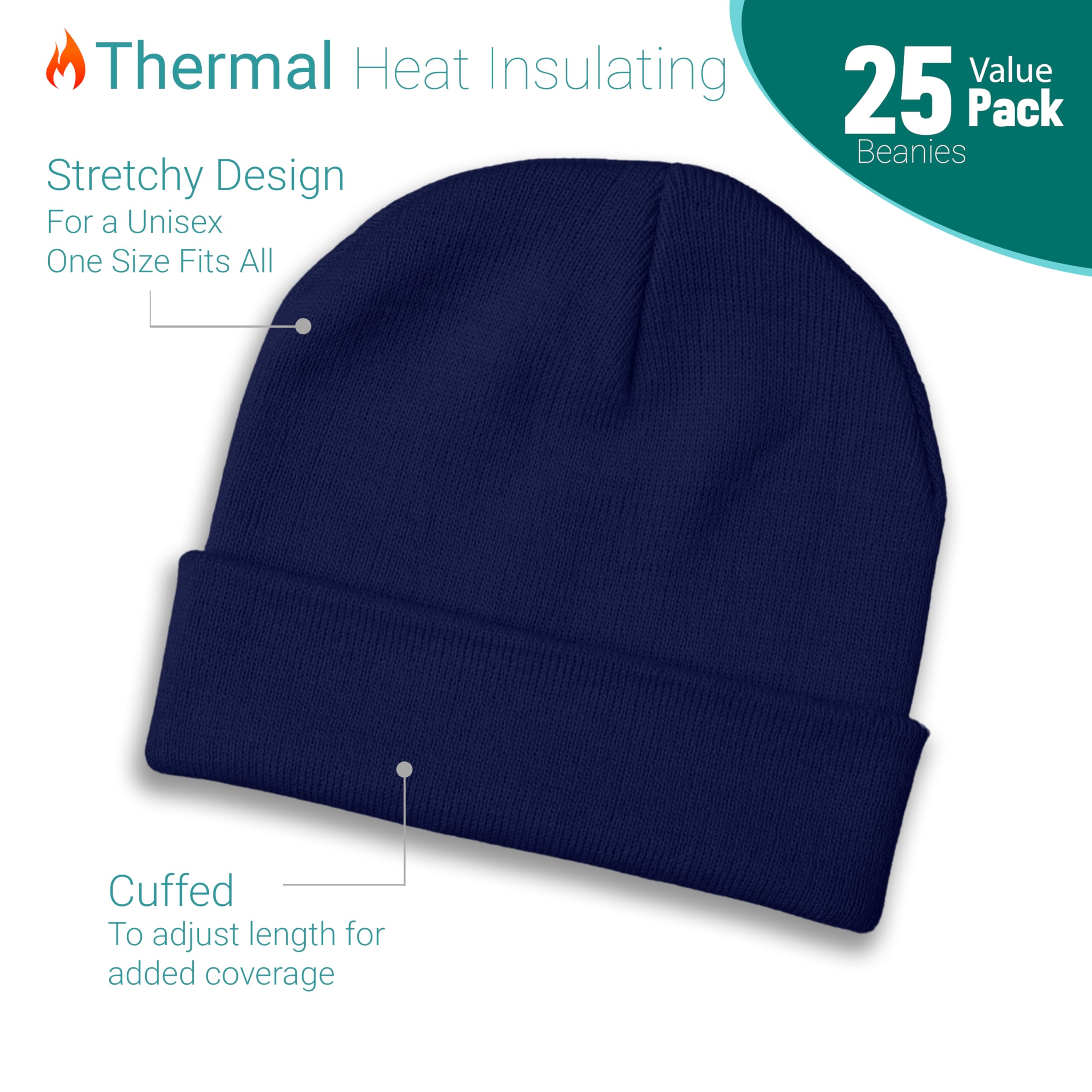 25 Pack Winter Beanie Hats, Unisex Thermal Toboggan Cold Weather Cuffed Caps Bulk Bundle Black