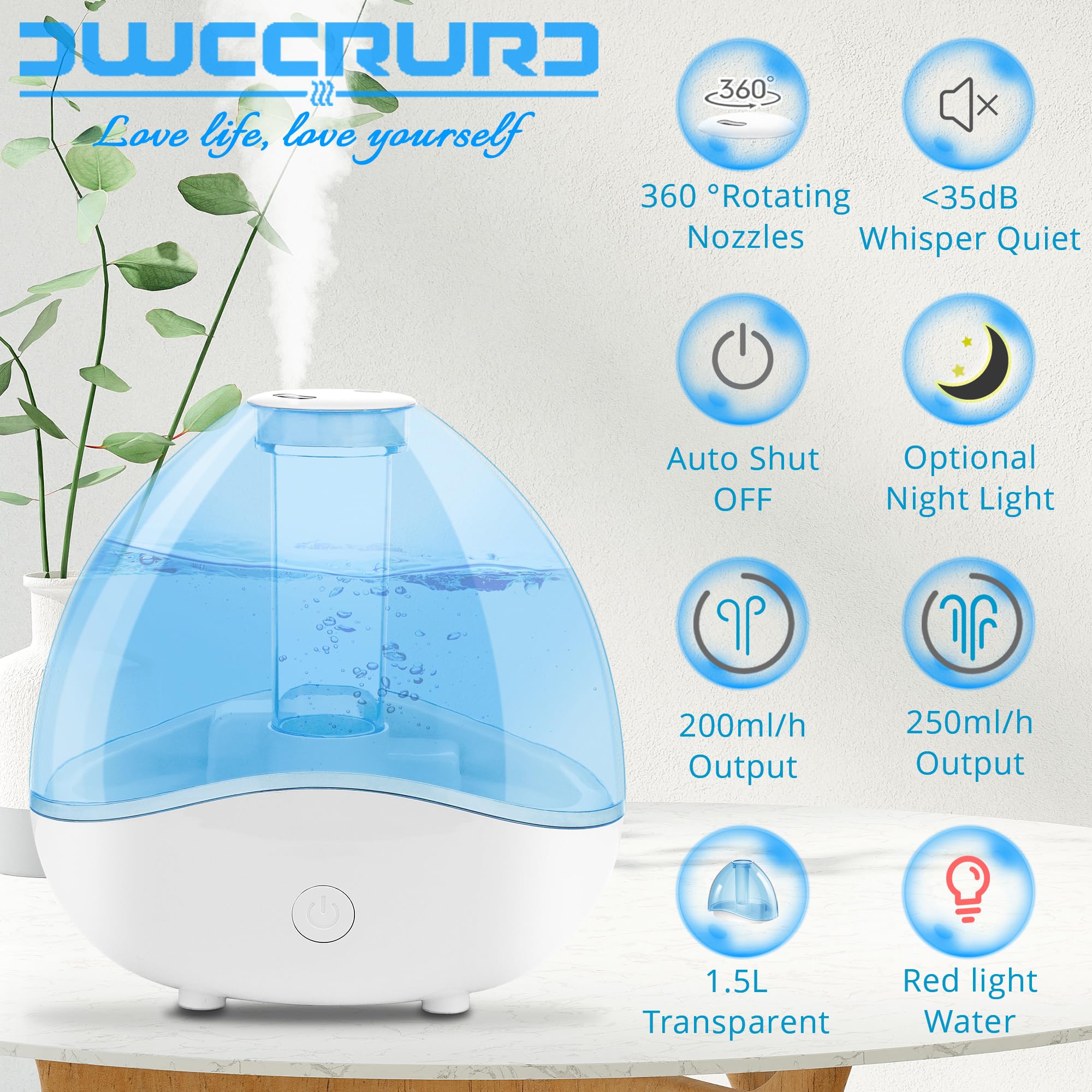 Ultrasonic Cool Mist Humidifier for Bedroom, Quiet Air Humidifier for Baby Home Plant Nursery Desk Office Small Room With 360° Nozzle Rotation 1.5L Water Tank & Auto Shut-Off and Night Light