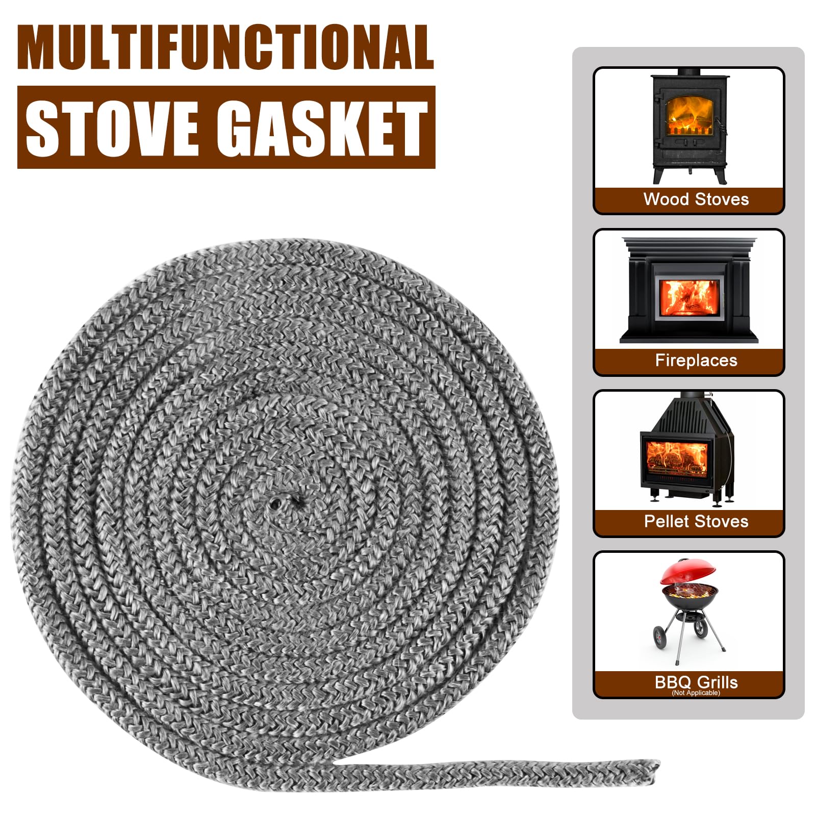 Wood Stove Gasket,1/4" Wood Stove Door Replacement Gasket,Gasket Rope Replacement for Stove or Woodburning Stoves Fireplace Doors,Fiberglass Gaskets(1/4" x 98" Rope)