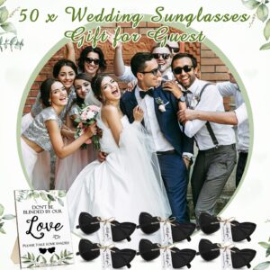 Saysurey 50 Sets Wedding Favors for Guests Sunglasses Wedding Party Gifts Wooden Love Wedding Sign 50 Black Heart Glasses Mr & Mrs Sunglasses with 50 Thank You Cards and Hemp Rope