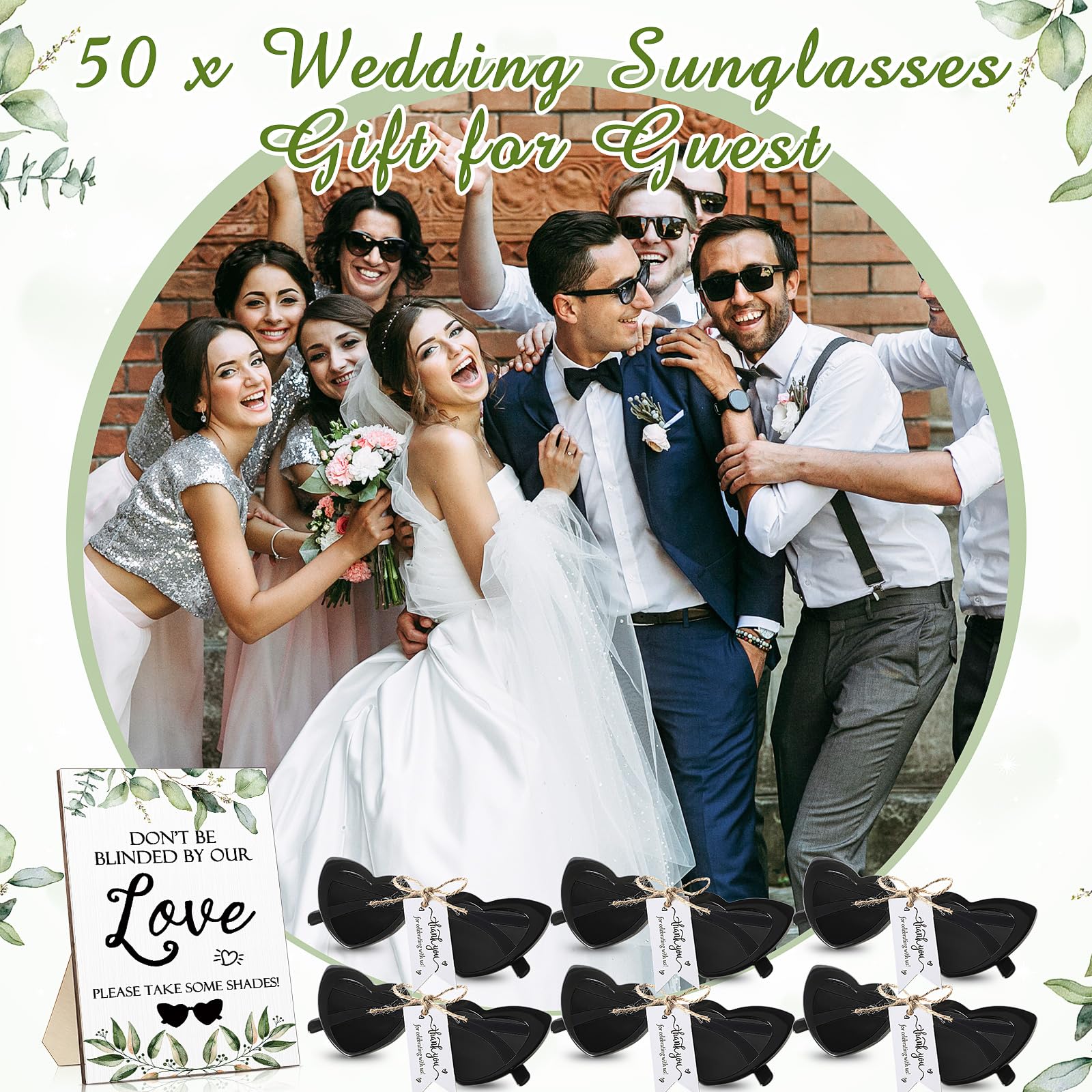 Saysurey 50 Sets Wedding Favors for Guests Sunglasses Wedding Party Gifts Wooden Love Wedding Sign 50 Black Heart Glasses Mr & Mrs Sunglasses with 50 Thank You Cards and Hemp Rope