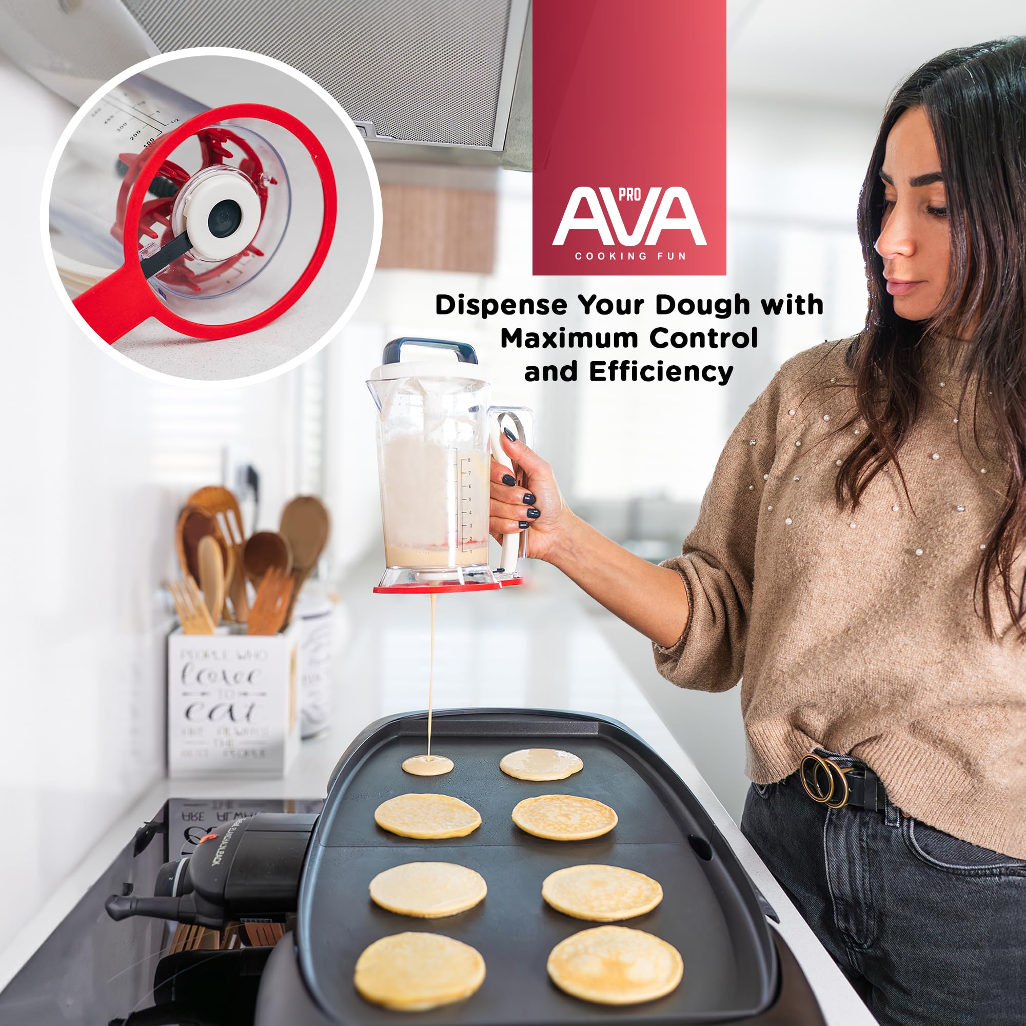 AVAPRO Batter Dispenser and Mixer 3in1 essential tool for measuring, dispensing and mixing batter for pancakes, crepes and other thin batters, quick and easy, no mess, 900ml Pancake Batter Dispenser.