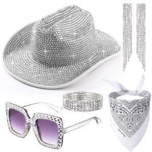 cuffbow set of 5 rhinestone cowgirl hat sunglasses bling bracelet tassel earrings bandana set for women cosplay halloween