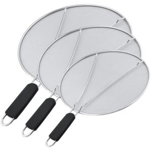 13'', 11.5'', 9.8'' stainless steel grease splatter guard for frying pan with comfortable grip handle, ultra fine mesh prevents oil splatters and messes, heavy duty splatter screen