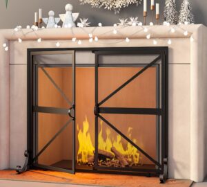 fire beauty fireplace screen with doors, 2-pannel handcrafted solid wrought iron decorative mesh,baby safe proof firewood burning stove accessories(black)