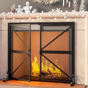 Fire Beauty Fireplace Screen with Doors, 2-Pannel Handcrafted Solid Wrought Iron Decorative Mesh,Baby Safe Proof Firewood Burning Stove Accessories(Black)