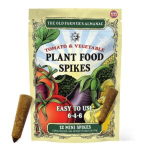 the old farmer's almanac tomato & vegetable plant food mini spikes - npk 6-4-6 for continuous feeding and bountiful harvests (24 mini spikes)