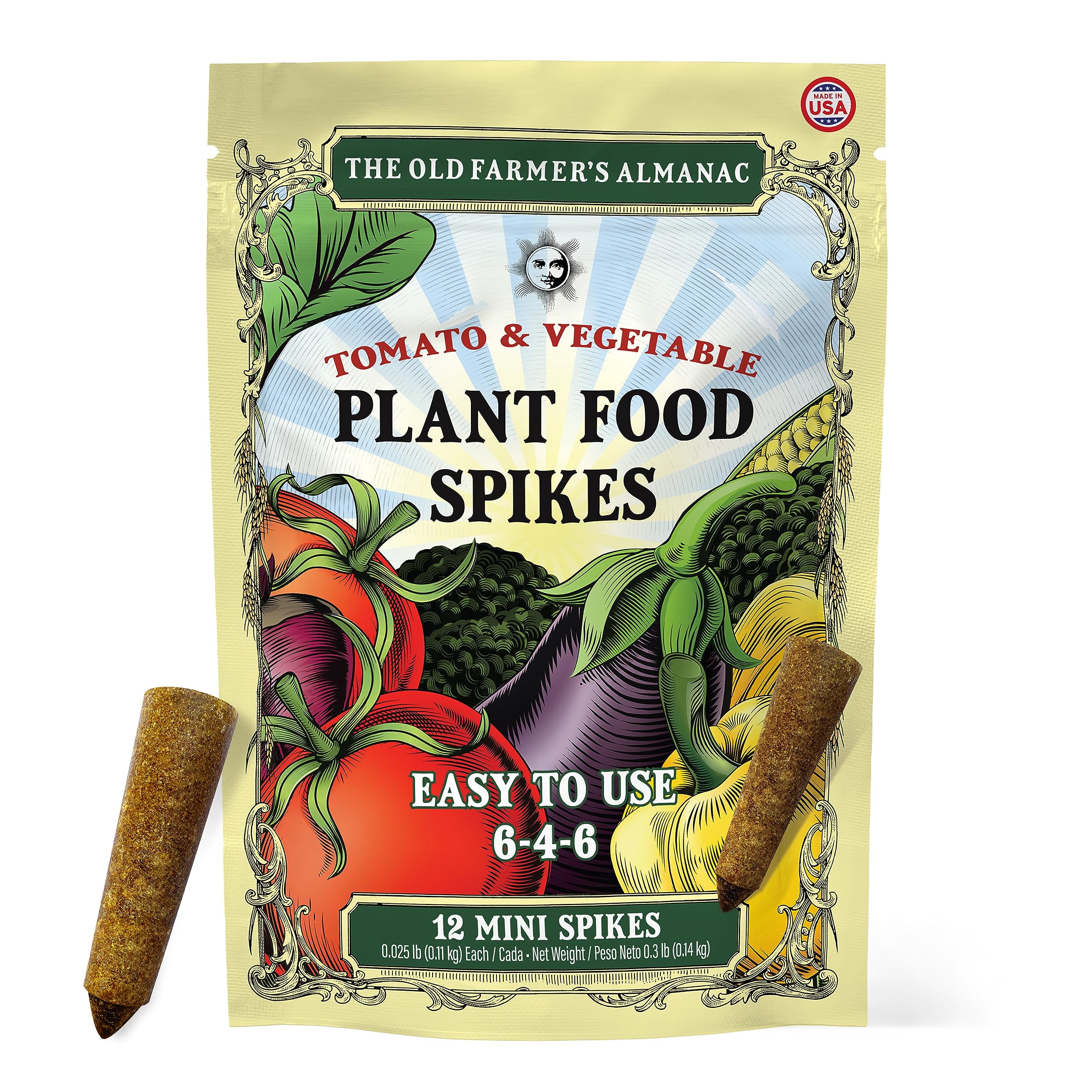 The Old Farmer's Almanac Tomato & Vegetable Plant Food Mini Spikes - NPK 6-4-6 for Continuous Feeding and Bountiful Harvests (24 Mini Spikes)