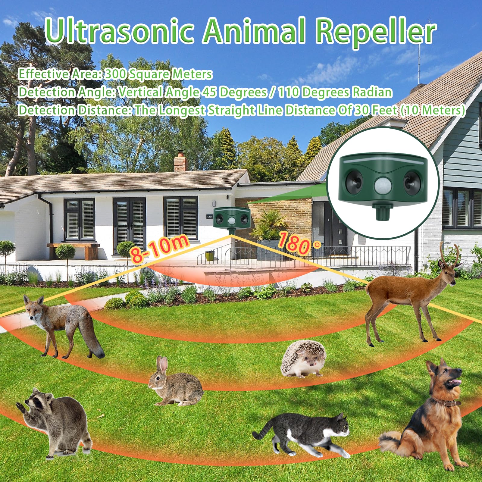 Ultrasonic Solar Animal Repeller for Yard, 5 Modes Outdoor Cat Repellent Squirrel Repellent with Motion Sensor & Flashing Light, Animals Deterrent for Squirrel Bird Deer Cat Skunk Dog for Yard Garden