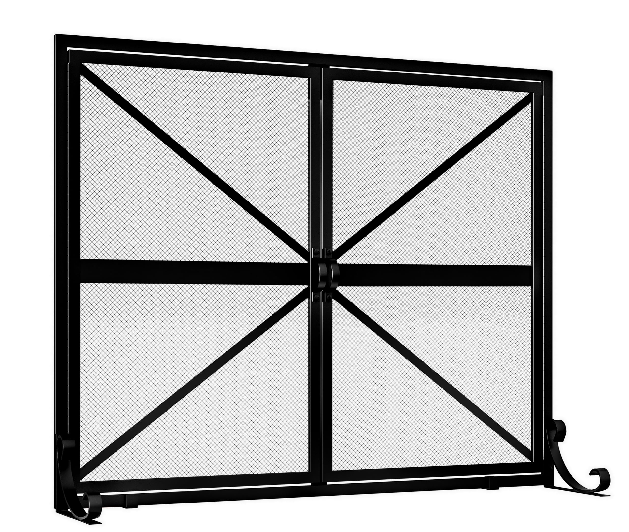 Fire Beauty Fireplace Screen with Doors, 2-Pannel Handcrafted Solid Wrought Iron Decorative Mesh,Baby Safe Proof Firewood Burning Stove Accessories(Black)