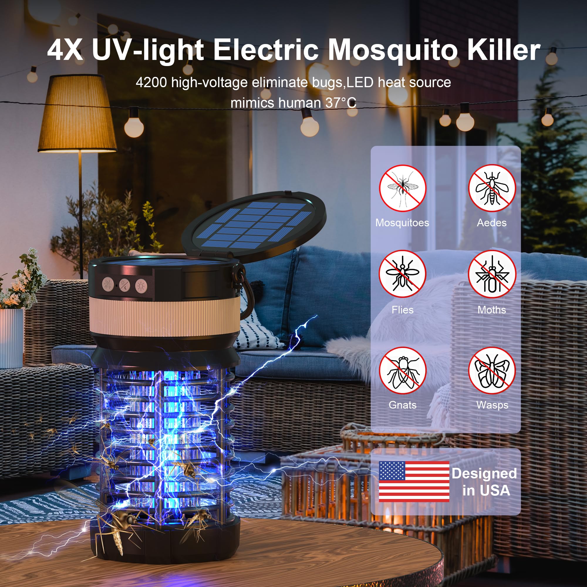 Solar Bug Zapper Outdoor, Mosquito Zapper, Electric Fly Zapper, Cordless & Rechargeable Mosquito Killer, Waterproof Fly Traps for Home Garden Patio Backyard Camping (1,Black)