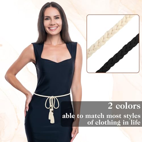 TIESOME 2 PCS Women's Skinny Tassel Waist Belt with Wooden Beads, Black + White Thin Woven Waist Rope Belt for Women Girls Godness Boho Braided Waist Belt Rope Chain for Thin Dresses Skirts Tunics