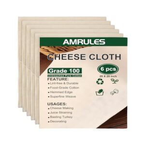 amrules cheese cloths for straining, 6pcs 20x20 inch grade 100 cheese cloth, reusable washable unbleached pure cotton cheesecloth for cooking and cheese making with hemmed edge