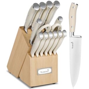 kuisine chef knife set,high carbon stainless steel ultra sharp blade ergonomic handle, kitchen knife block set with built-in sharpener,elegant gift for holiday(ivory pro,15pcs)