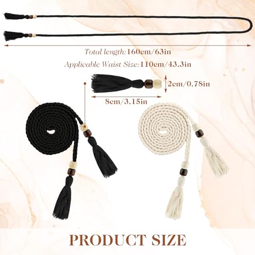 TIESOME 2 PCS Women's Skinny Tassel Waist Belt with Wooden Beads, Black + White Thin Woven Waist Rope Belt for Women Girls Godness Boho Braided Waist Belt Rope Chain for Thin Dresses Skirts Tunics