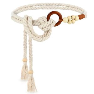 tiesome women's tassel braided waist belt, skinny woven belt for dress waist belt rope chain with woven wooden beads for women girls godness (white)