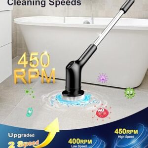 Electric Spin Scrubber, Upgraded Cordless Cleaning Brush, 2 Speeds (Up to 450 RPM), 3 Replaceable Brush Heads, 53inch Adjustable & Detachable Handle - Perfect for Bathroom, Tub, Tile, and Floor