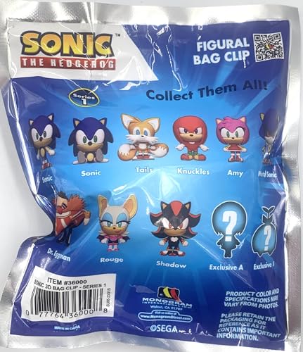 Monogram Sonic the Hedgehog - 3D Foam Figural Bag Clip in Blind Bag - Keychain - Sonic Tails, Knuckles, Amy and More..., Multicolor, 2.5"