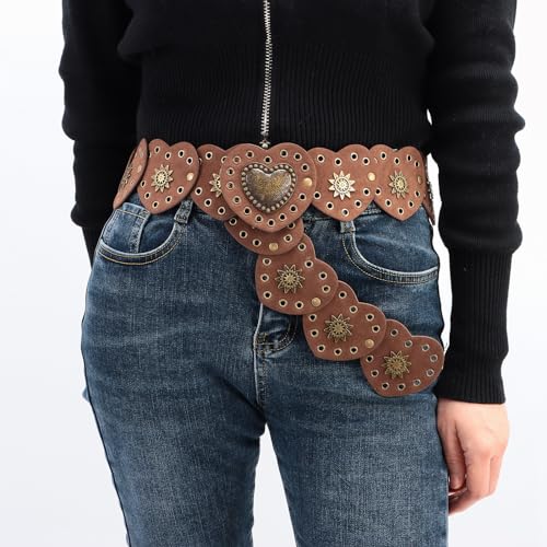 Dazzleimart Hollow Disc Belt Western Style Exaggerated Cowboy Wide Disc Belt Metal Buckle Vintage Soft Belt for Women (Brown)