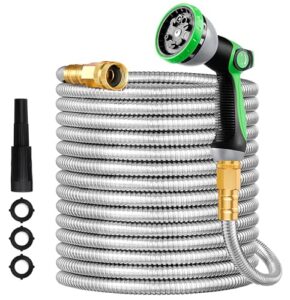 eletecpro metal garden hose 100ft, 304 stainless steel heavy duty water hose with 2 nozzles for 15 functions, no tangle and kink, lightweight & flexible, tough and pet proof, for yard, lawn, rv