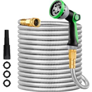 eletecpro Metal Garden Hose 100ft, 304 Stainless Steel Heavy Duty Water Hose With 2 Nozzles for 15 Functions, No Tangle and Kink, Lightweight & Flexible, Tough and Pet Proof, for Yard, Lawn, RV