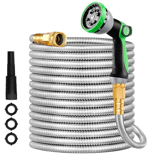 eletecpro Metal Garden Hose 100ft, 304 Stainless Steel Heavy Duty Water Hose With 2 Nozzles for 15 Functions, No Tangle and Kink, Lightweight & Flexible, Tough and Pet Proof, for Yard, Lawn, RV