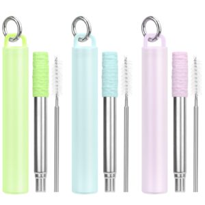 fyy reusable straws with case - 3 pack collapsible stainless steel travel straws with cleaning brush & silicone tips portable cruise ship essentials telescopic drinking straws with keychain ring 3p1