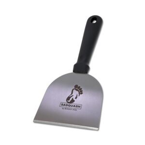 the sasquash 'scrape-ula' smashed burger scraper + spatula hybrid - professional grade griddle tool - 5 inch wide, knife grade stainless steel, two-handed mega burger turner