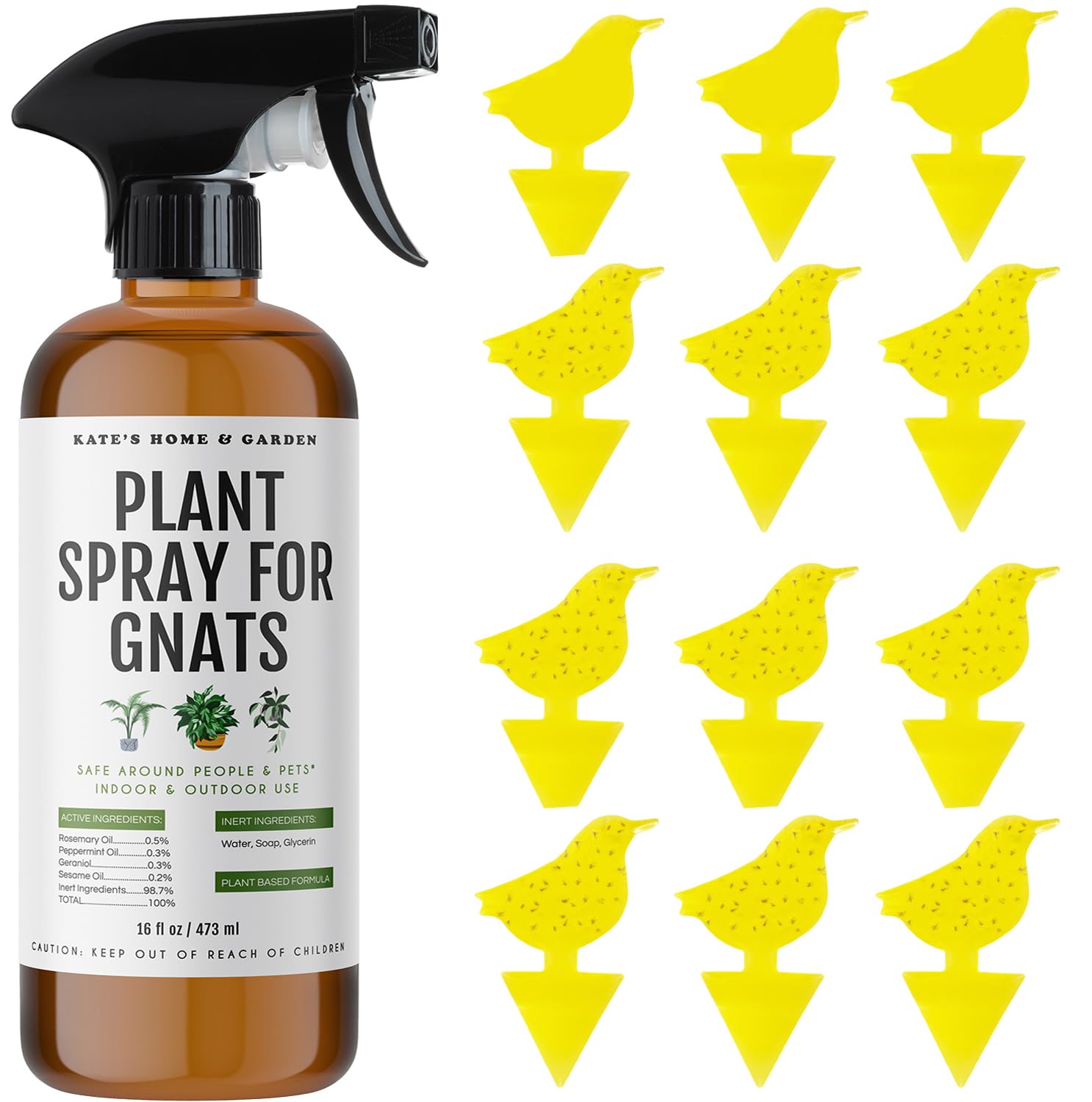 Kate's Home & Garden Plant Spray for Insects & Getting Rid of Gnats with 12 Gnat Sticky Traps. Fungus Gnat Killer & Gnat Control for Indoor Plants (16oz, Pet Safe, Non Toxic)