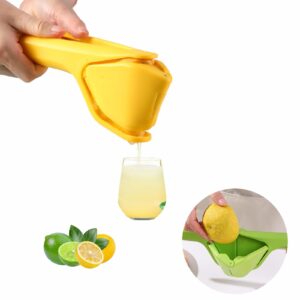 flat lemon squeezer, manual lemon juicer, easy squeeze lime press squeezer, citrus juicer with sideways pivot to increase leverage，lemon juicer hand that folds flat for space-saving storage (yellow)