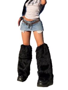 verdusa women's fur leg warmers furry fuzzy y2k long boot cuff covers black a one-size