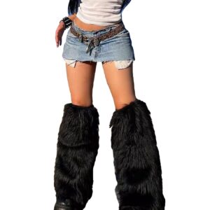 Verdusa Women's Fur Leg Warmers Furry Fuzzy Y2K Long Boot Cuff Covers Black A One-Size