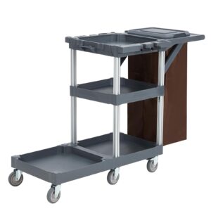 commercial traditional cleaning janitorial 3-shelf cart on wheels, 300 lbs capacity housekeeping cart, wheeled with 25 gallon zippered vinylbag and cover w lid, heavy-duty