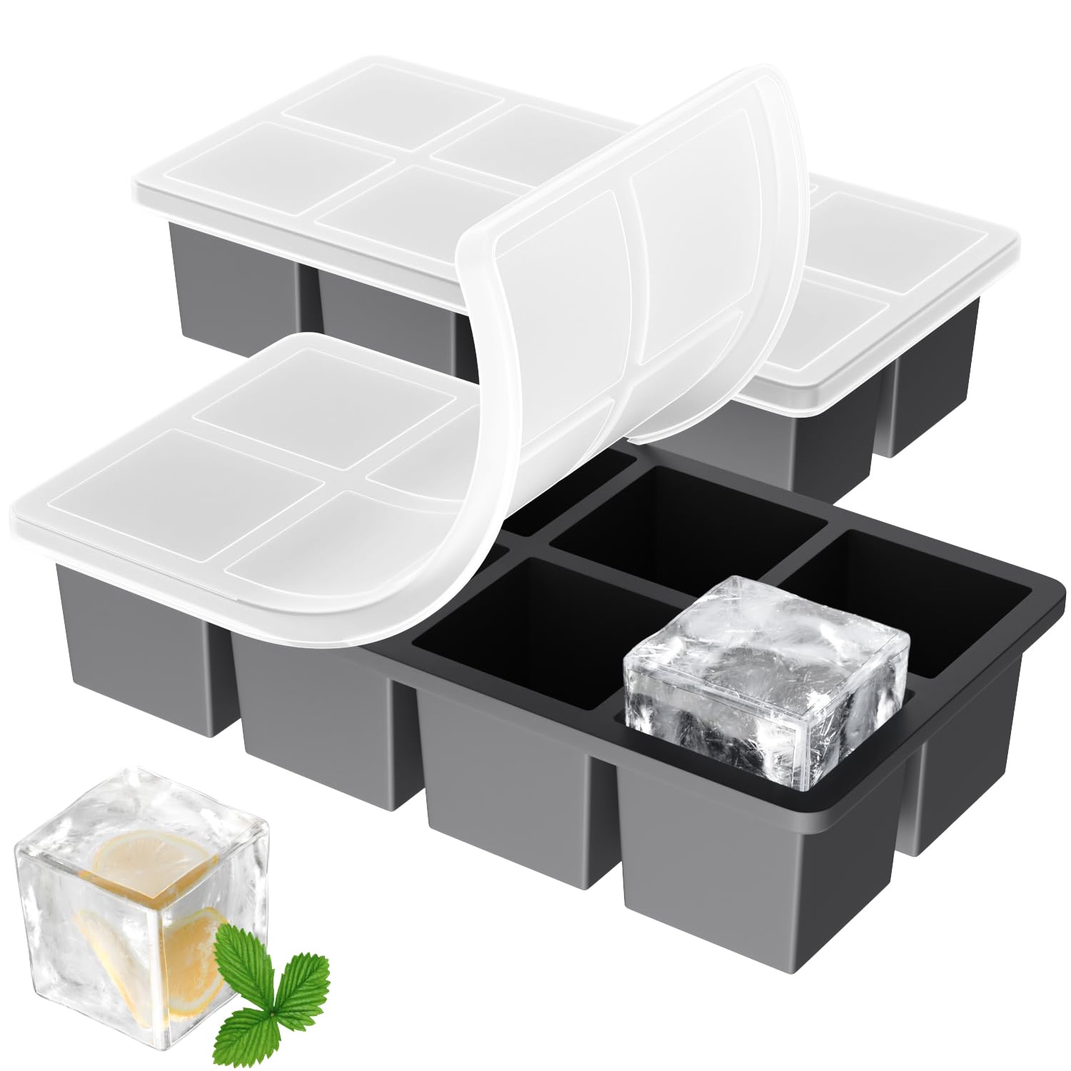 Large Ice Cube Trays for Whiskey: FDDAI Big Silicone Ice Cube Trays - 2Inch Square Ice Cubed Tray for Bourbon Whisky and Cocktail - 2Pack Giant Silicon Ice Cube Tray