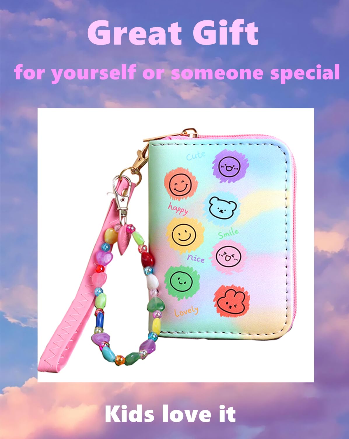 AACKS Smile Coin Purse Happy Face Wallet Girls Small Wallet Happy Kids Wallet with Charm Mini Coin Pouches with Strap Preppy Wallet Aesthetic Wallet Y2K for Women