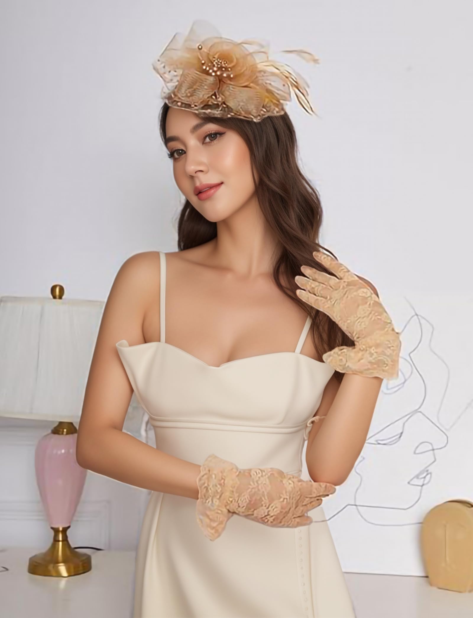 Durzasvo Women's 2PC Fascinator and Lace Glove Wedding Tea Party Kentucky Derby Mesh Flower Feather Fascinators with Headband and Clip Gold